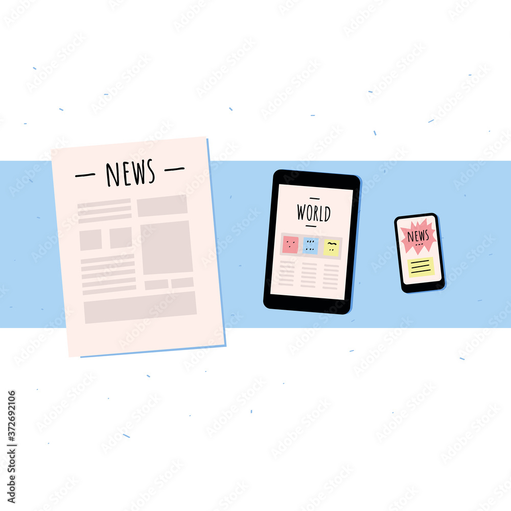 flat cartoon illustration of Opened newspaper, smartphone and tablet ...