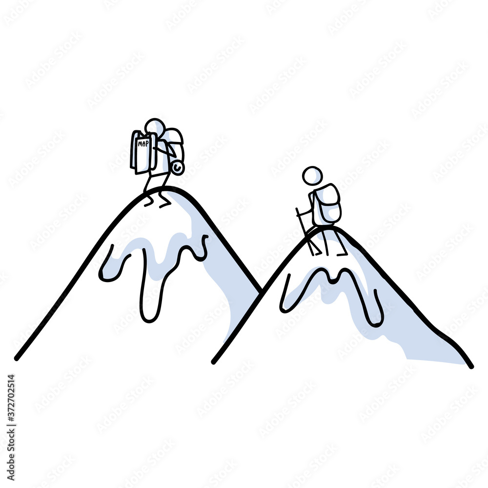 Hand drawn stickman hiking with map concept. Simple outdoor vacation ...