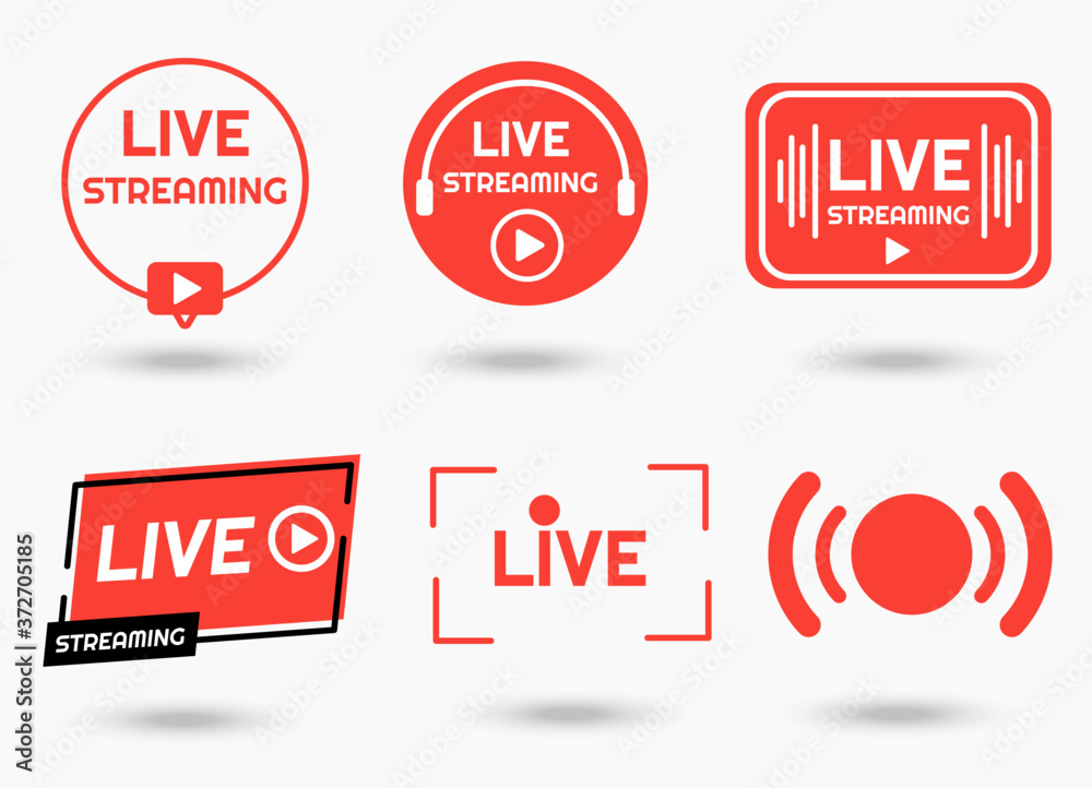 Set of red live streaming vector templates on white background for ...