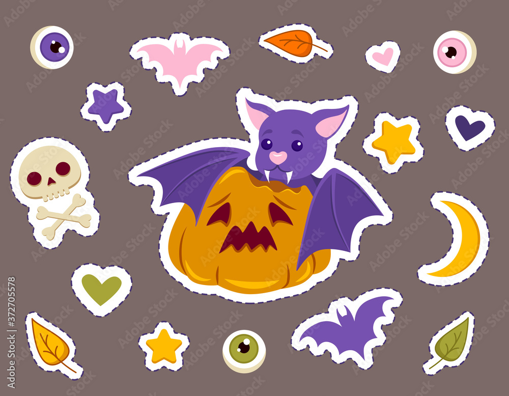 Festive halloween sticker set on isolated white background. Bat ...