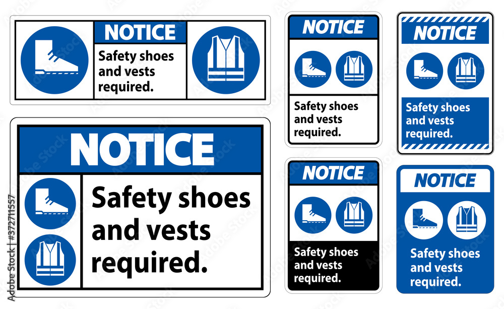 Notice Sign Safety Shoes And Vest Required With PPE Symbols on white ...
