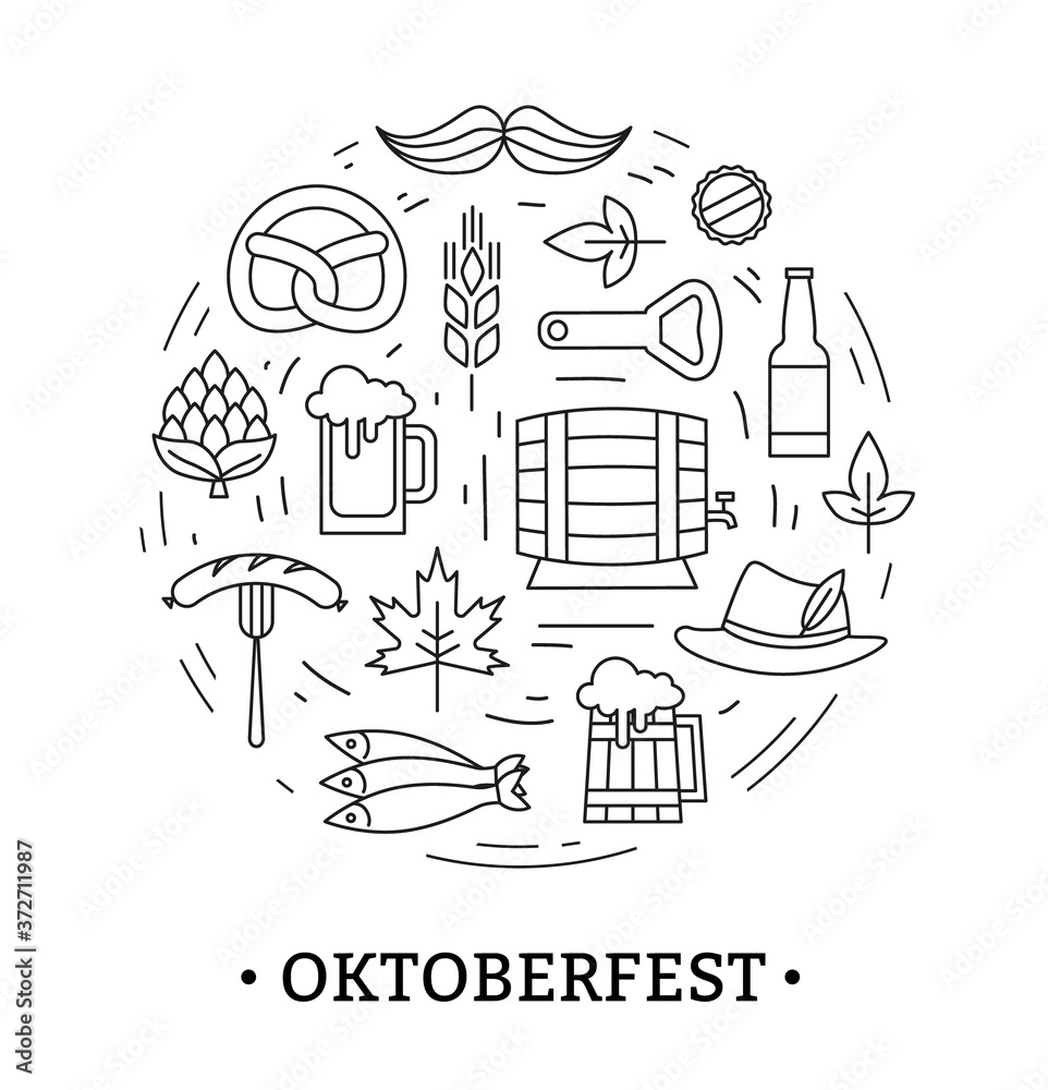 Oktoberfest symbols and pictograms. Set of beer festival black line ...