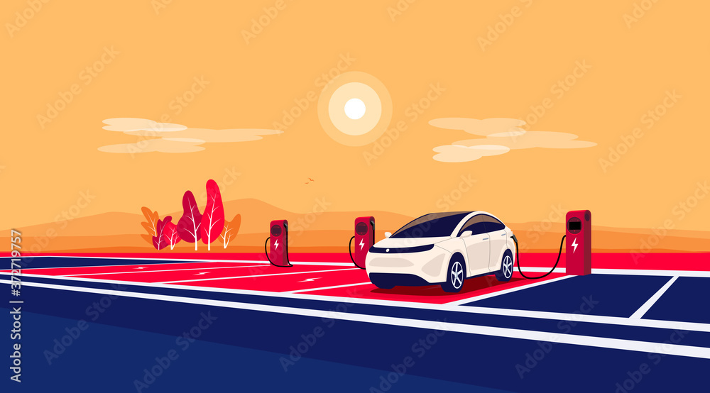 Modern electric car standing charging on empty charger station at ...