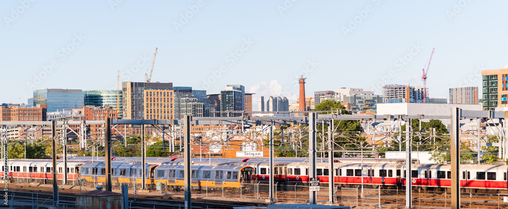 Red line MBTA trains in South Boston. Boston transportation system bg ...