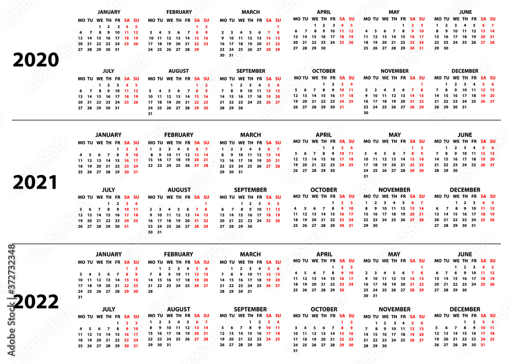 Vektorová grafika „Calendar for 2020, 2021 and 2022 years in English in ...