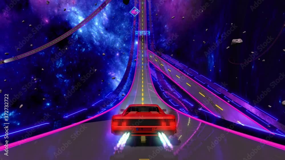 80s retro futuristic space drive seamless loop. Stylized cosmic highway ...