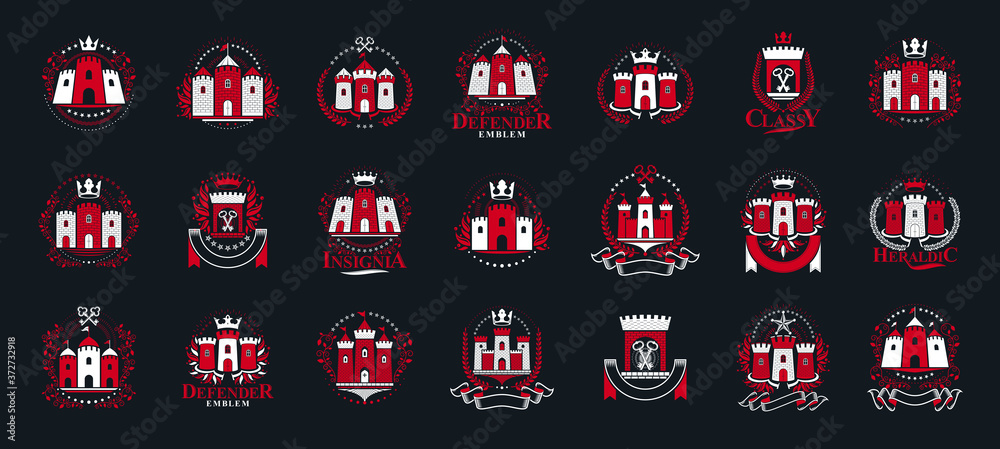 Vintage castles vector logos or emblems, heraldic design elements big ...