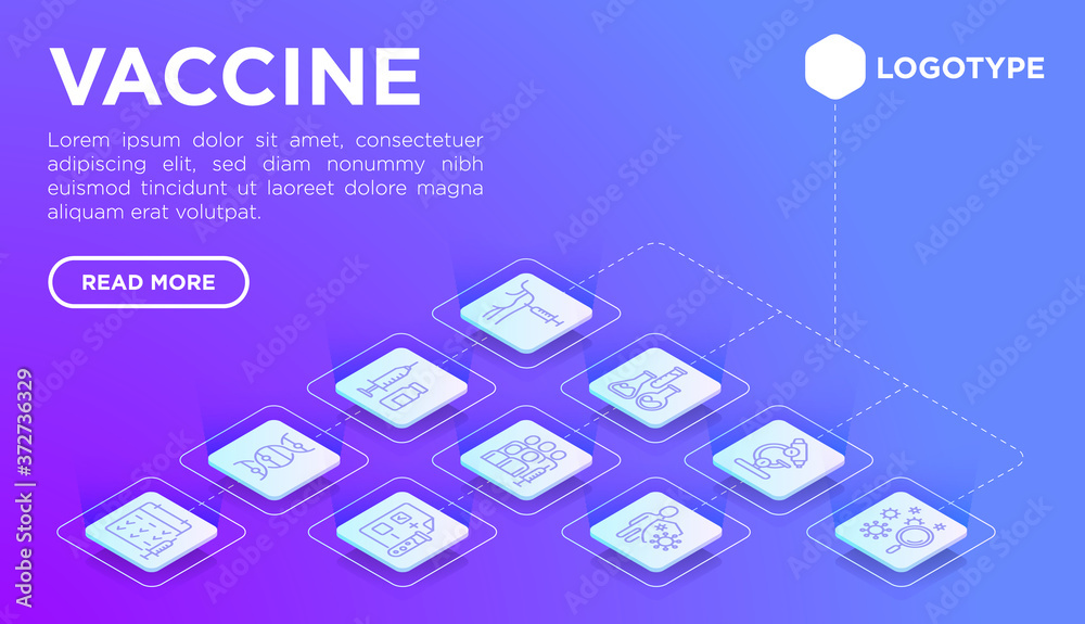 Vaccine web page template with thin line isometric icons: syringe and ...