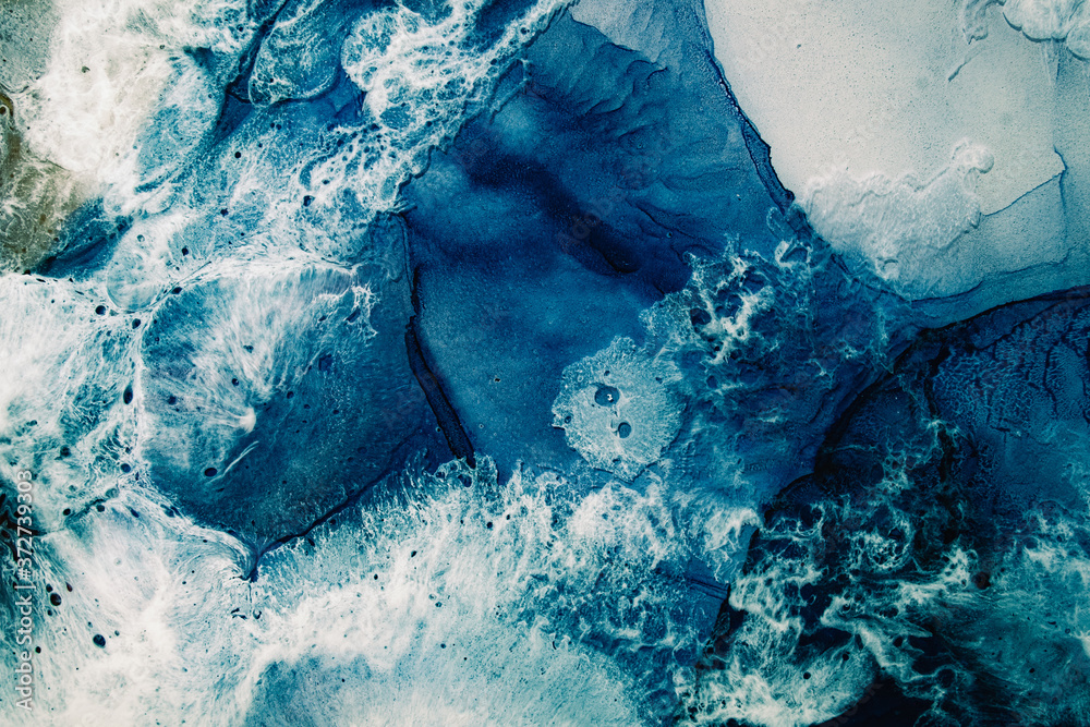 Blue ink water. Marble texture. Ocean surface with white wave foam ...