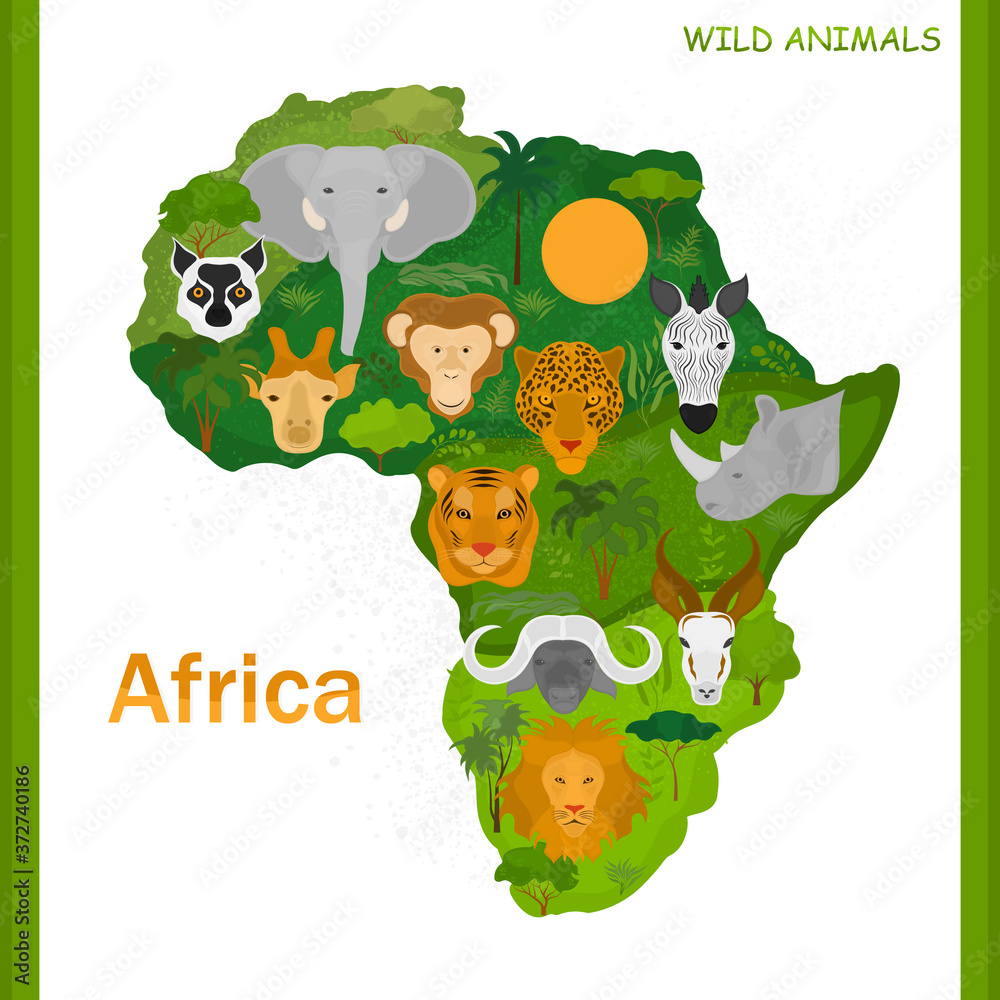 Africa map with wild animals and plants Stock Vector | Adobe Stock
