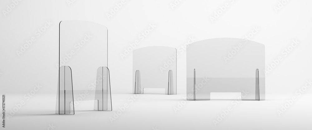 Sneeze guards, social distancing barriers and shields. Transparent ...