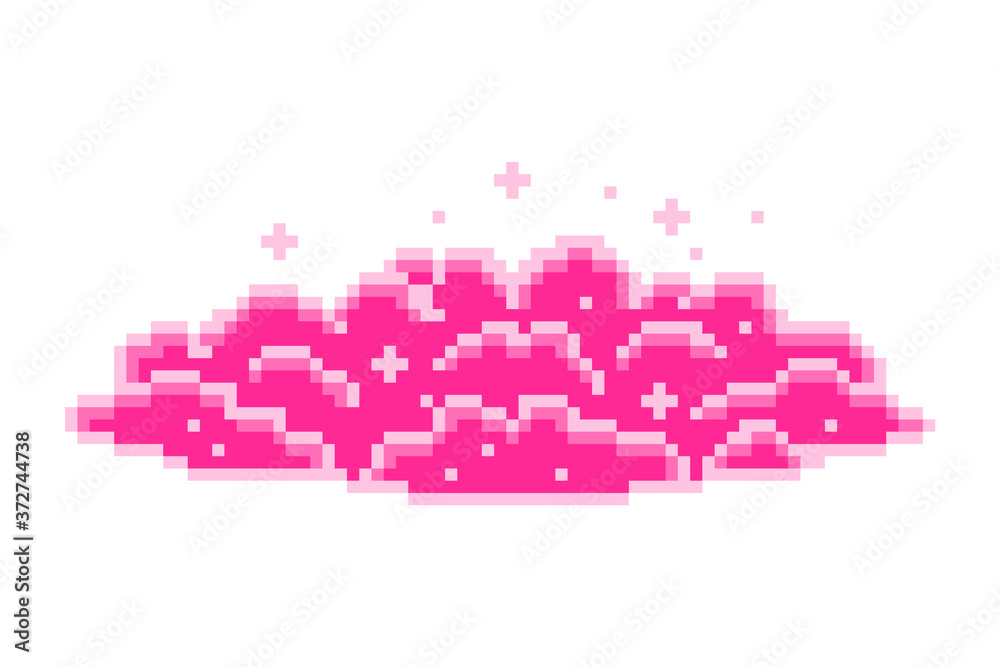 Big shiny glittering pink cloud, pixel art icon isolated on white background. Dreamy sky. 8 bit ...