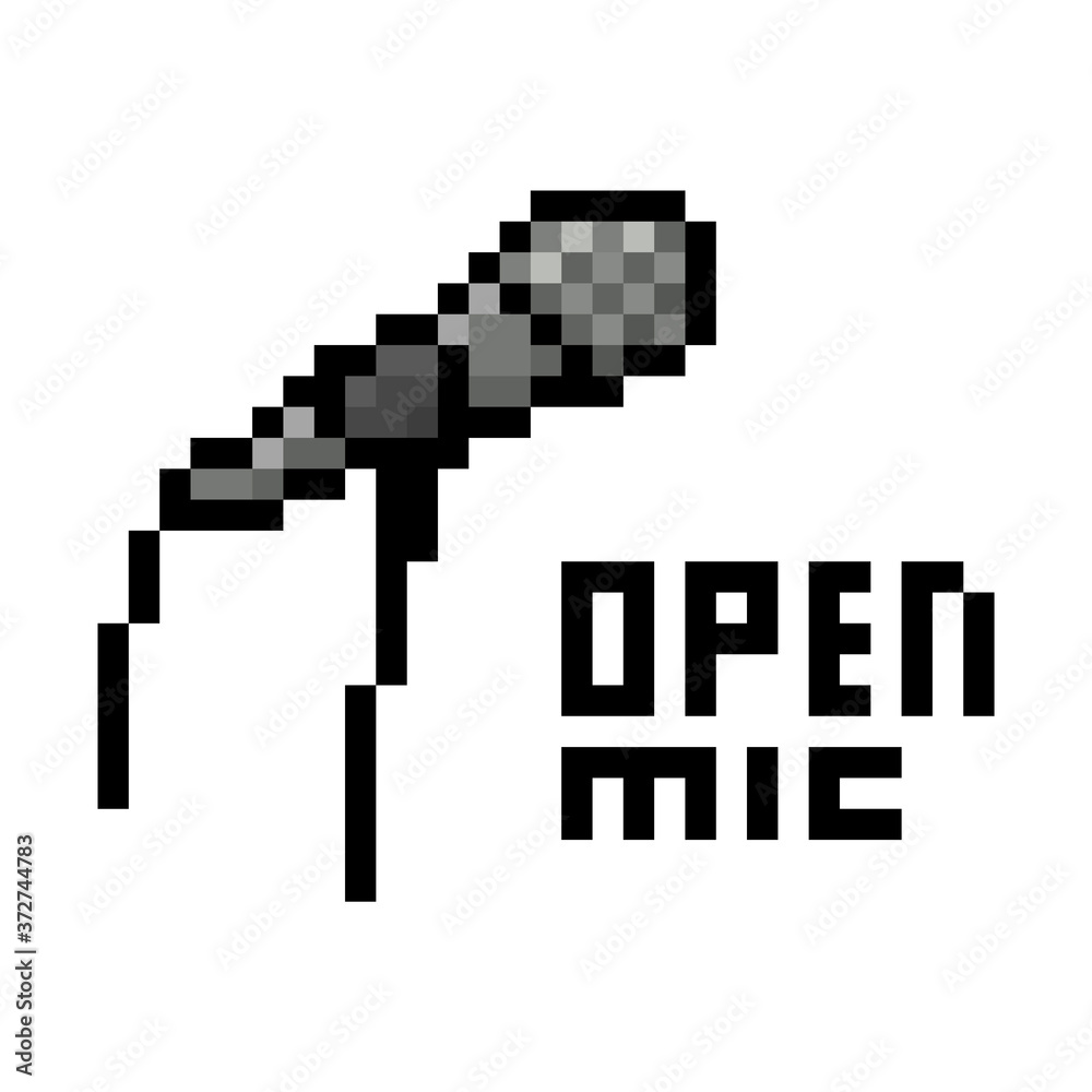 Pixel art open mic poster with text and stage microphone isolated on ...