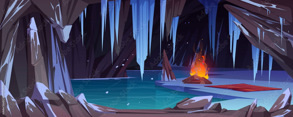 Stockvector Bonfire in dark ice cave with snow, frozen water and icy ...