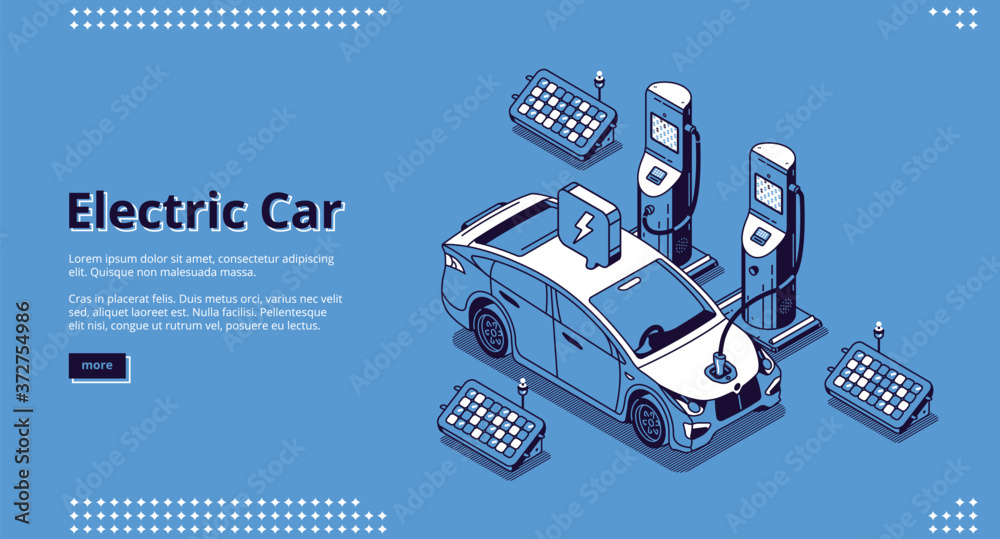 Electric car banner. Automobile on charger station with plug in cable ...