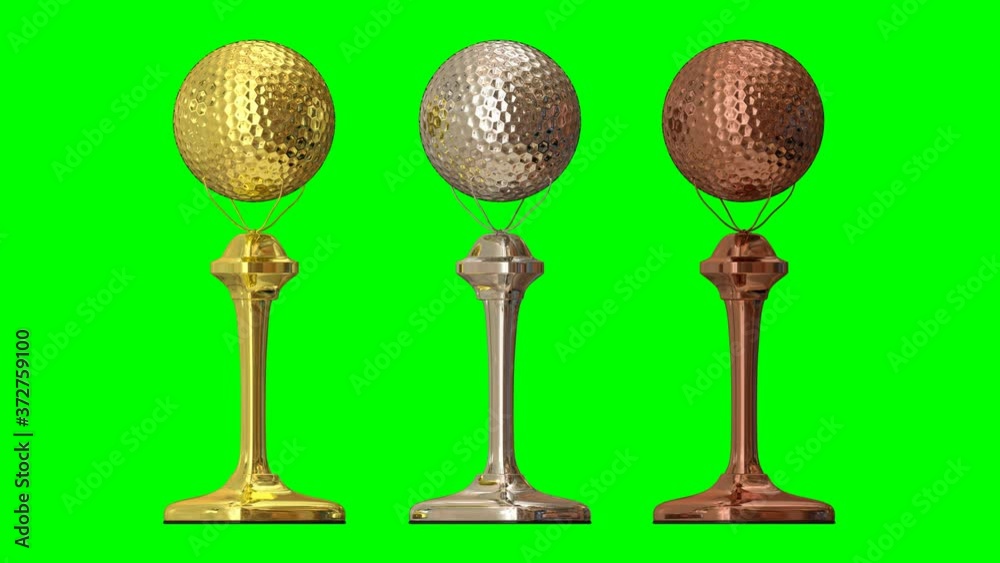 Animated spinning crowned gold, silver and bronze golf trophy with gold ...