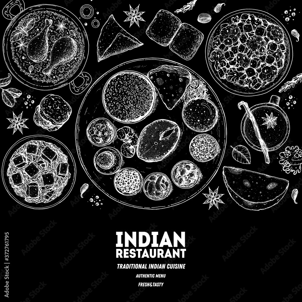 Indian food illustration. Hand drawn sketch. Indian cuisine. Doodle ...