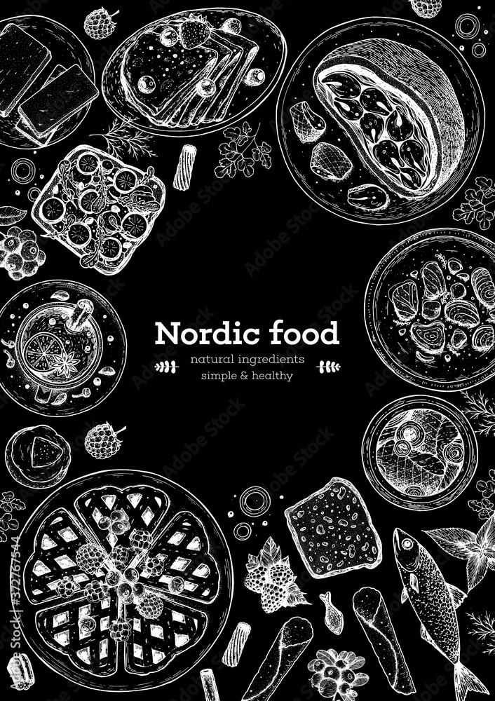 Scandinavian cuisine top view frame. Smorgasbord illustration. A set of ...