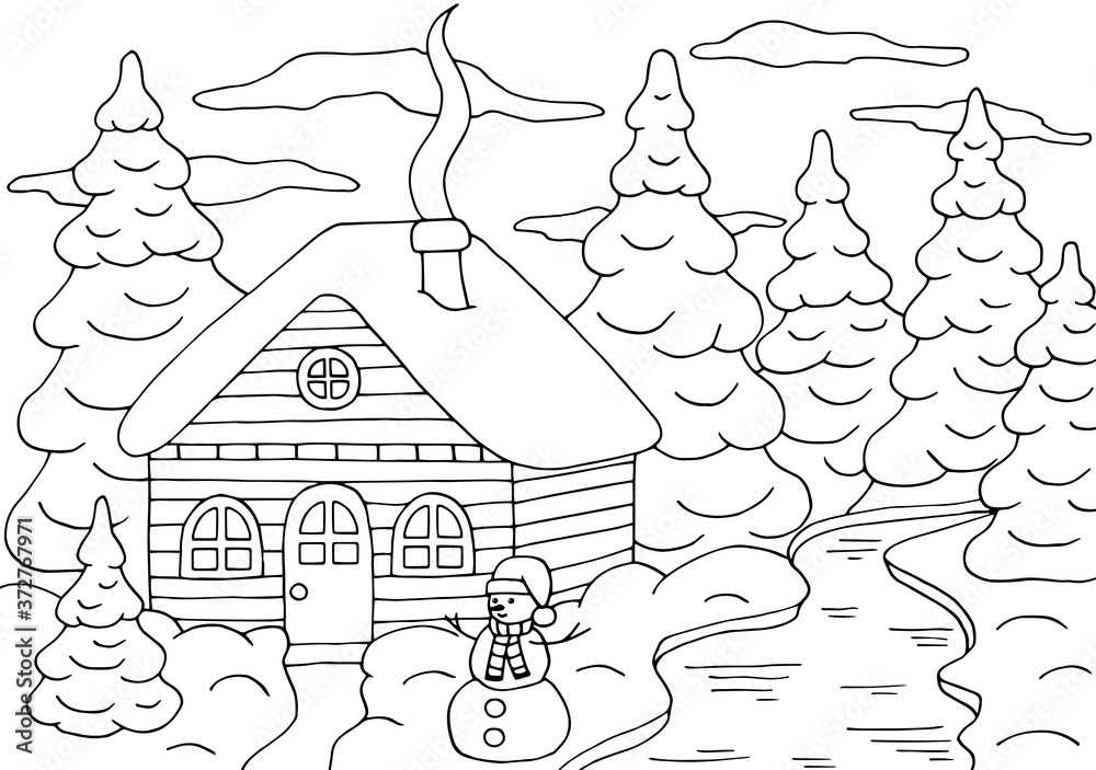 Coloring page with a house in the winter forest with a Christmas tree ...