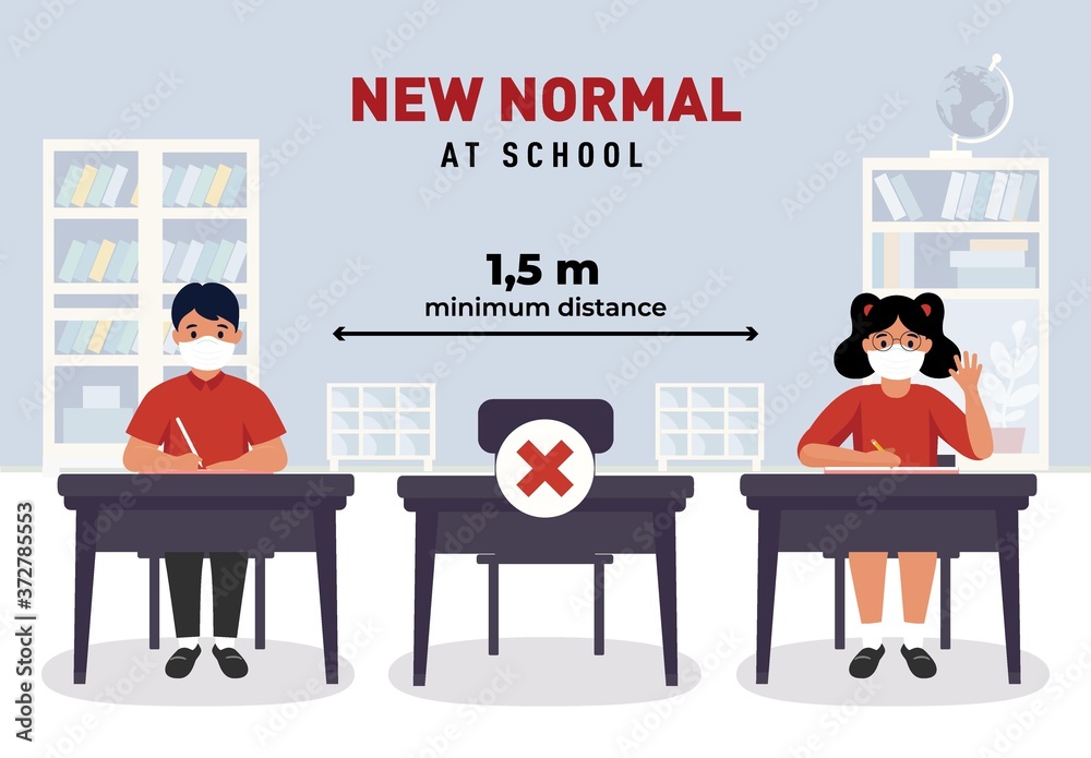 Social distancing at school illustration. New normal at school during ...