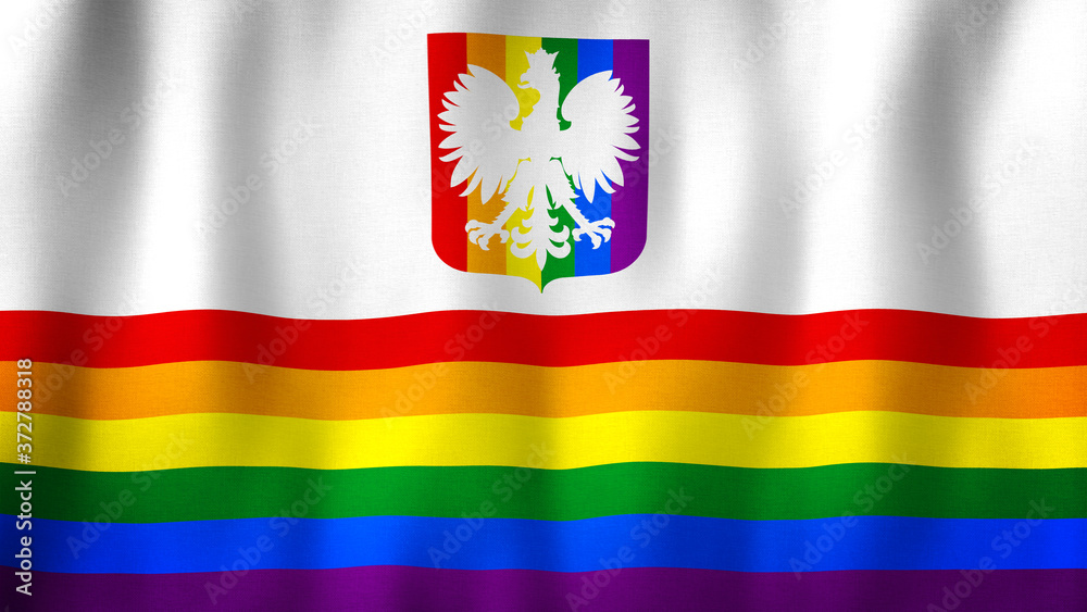 LGBT Gay Pride rainbow flag of Poland with coat of arms waving in the ...