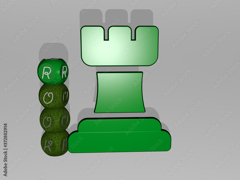 rook 3D icon and dice letter text, 3D illustration for chess and black ...