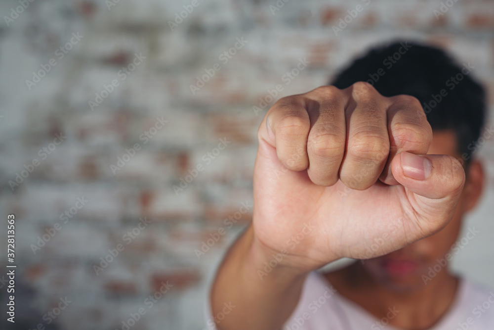 Young male boy making hand stop sign International day of non violence ...