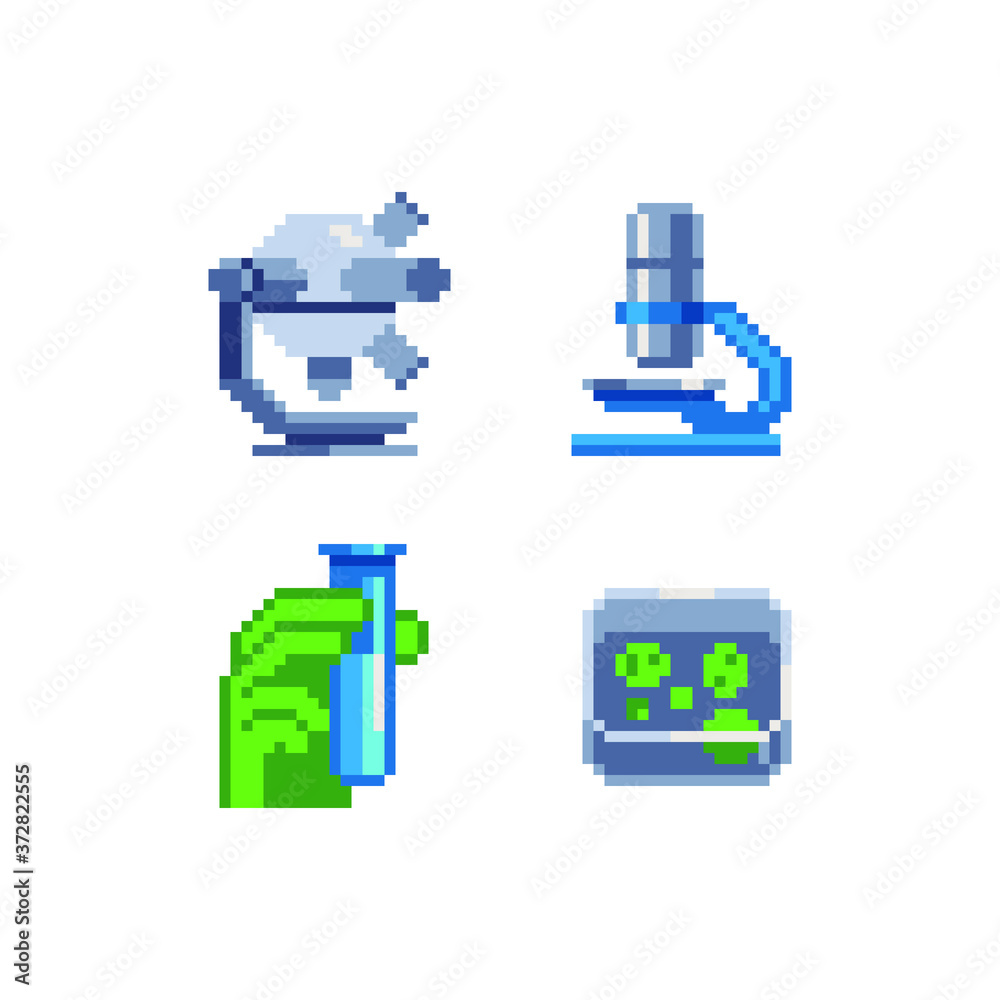 Microscope, pixel art icon. Isolated vector flat illustration. Biology ...