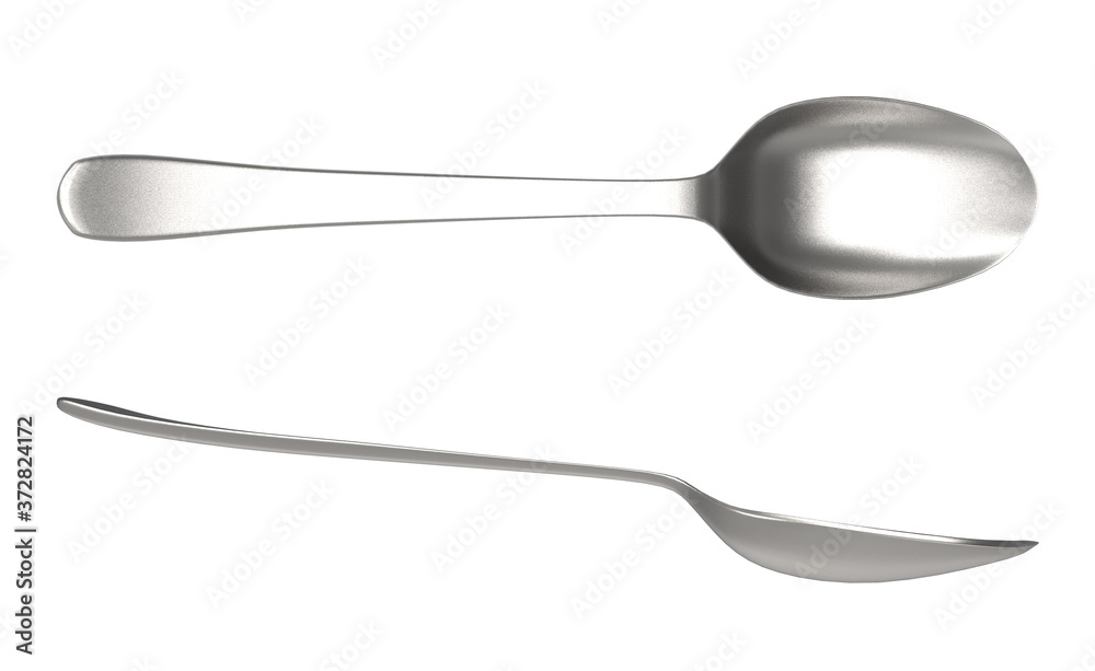 3d rendering. top and side view set of metal spoon with clipping path ...