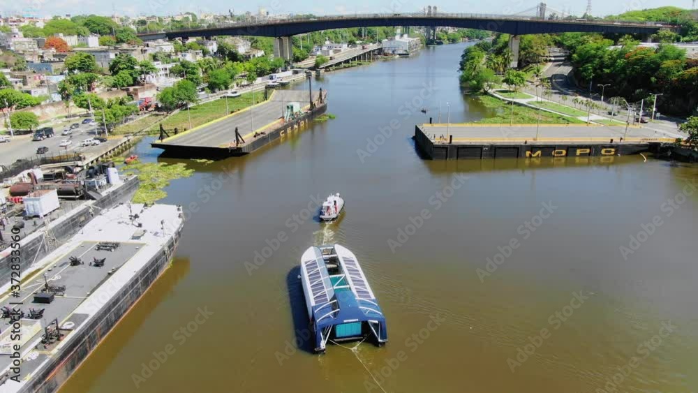 Homecoming of blue ocean cleanup ship Interceptor 004 on Ozama river ...