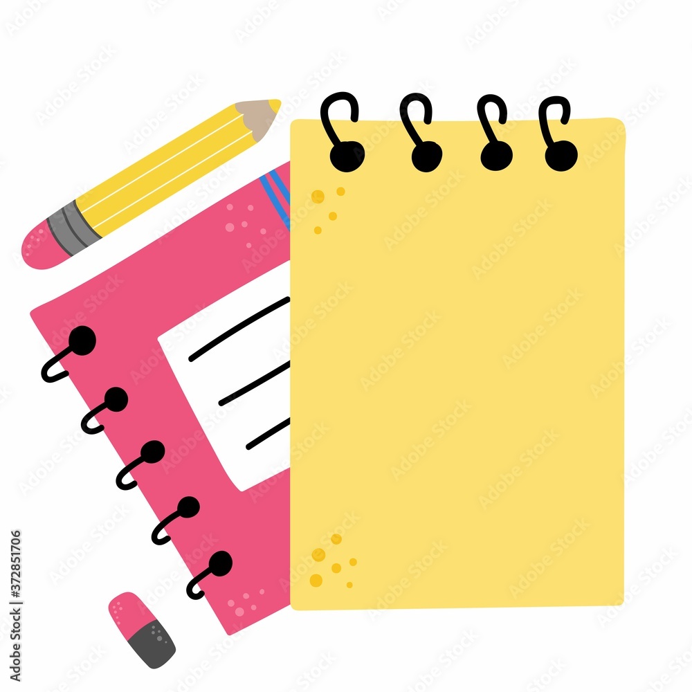 Yellow notebook square frame, hand drawn school supplies flat cartoon ...