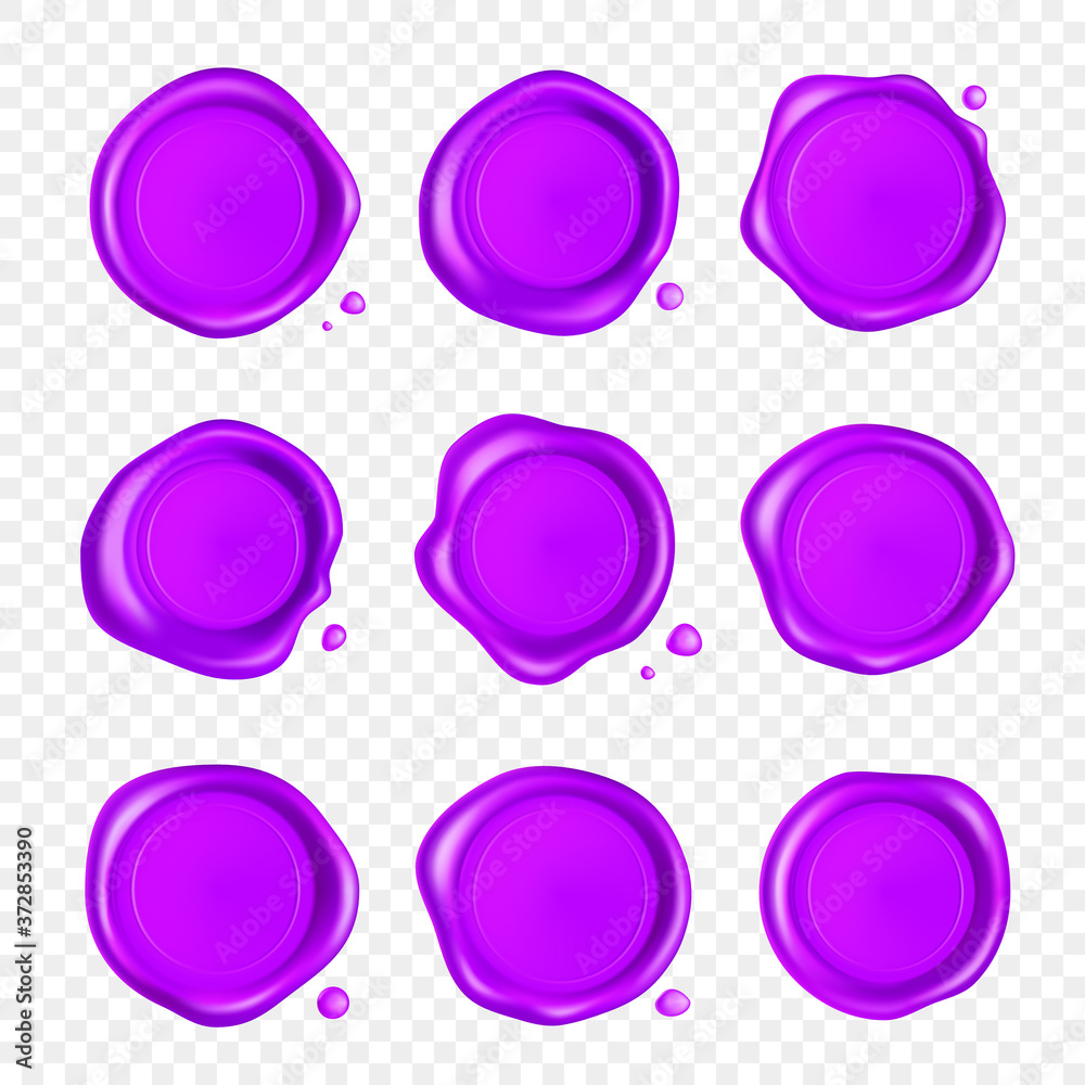 Purple wax seal set. Wax seal stamp set with drops isolated on ...
