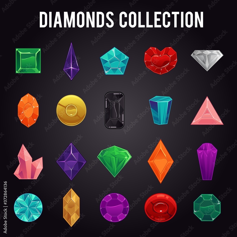 Cartoon diamonds in various shapes collection flat vector illustration ...