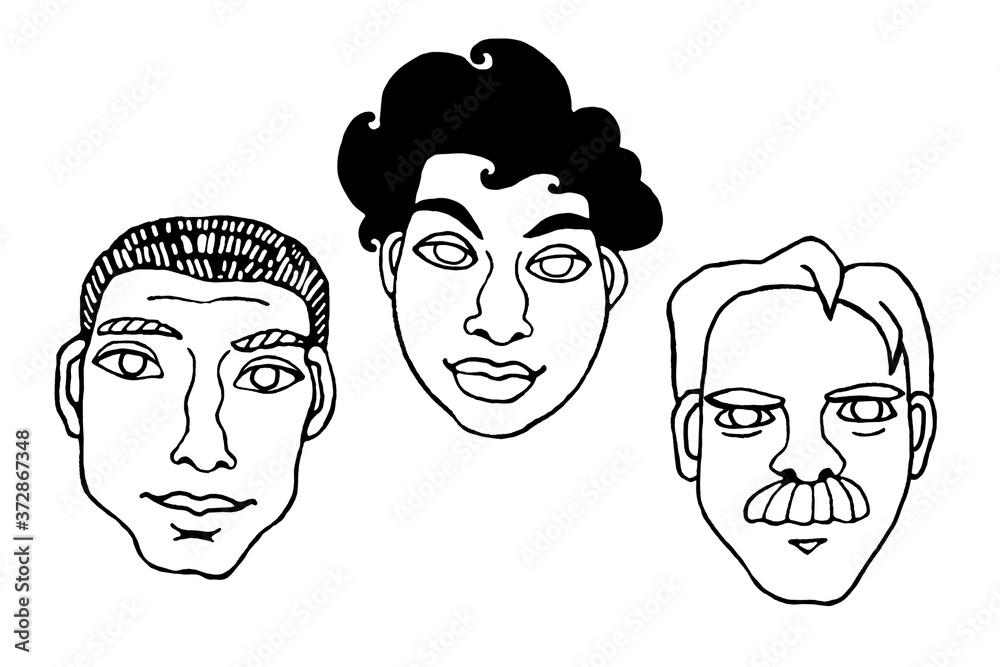 Set of Outline people faces . Hand drawn heads of a man, woman, kid ...