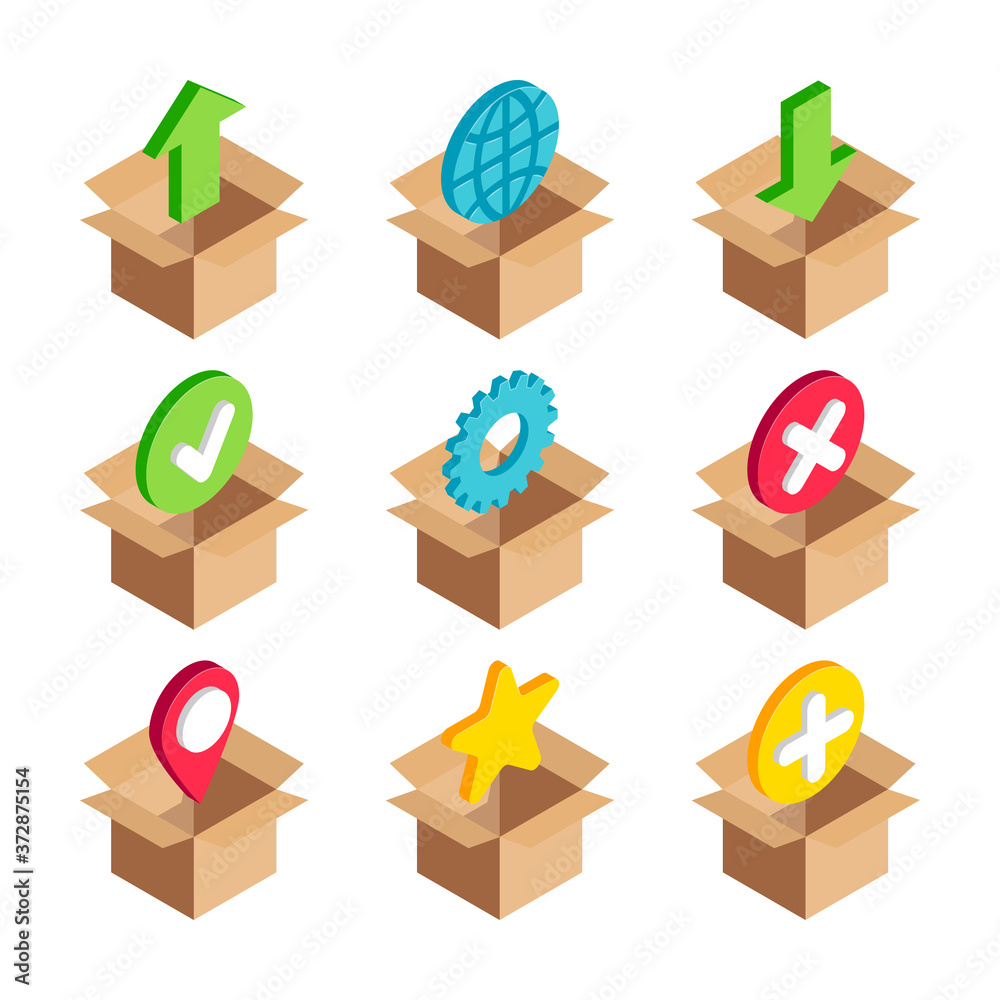 Isometric Network Services box icon set. 3d download, upload, settings ...