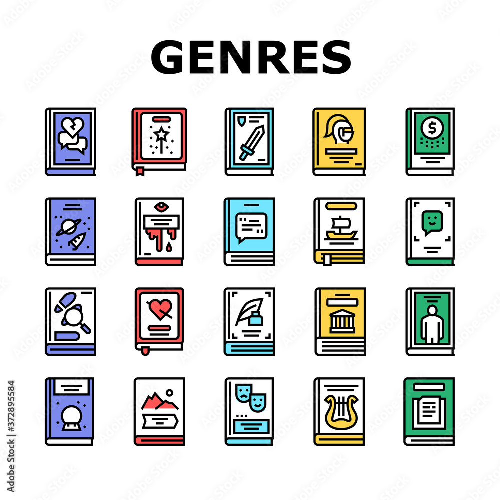 Literary Genres Books Collection Icons Set Vector. Drama And Fairy Tale ...
