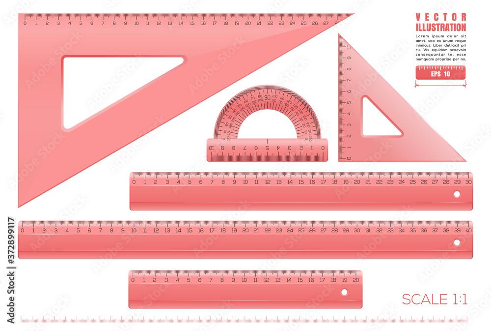 Red plastic transparent measuring rulers set. Triangle rulers ...