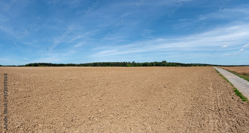 Großes kultiviertes, frisch geeggtes Feld aus brauner Erde mit ...