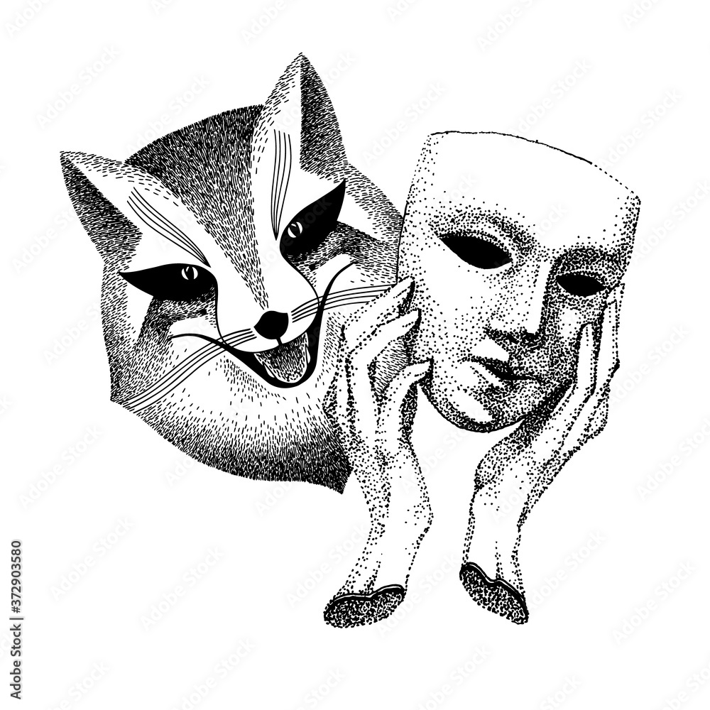 Trickster vector illustration. Fox with mask in his hands. black and ...