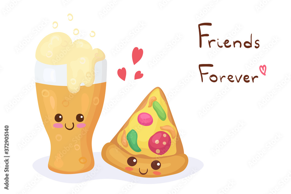 Pizza & Glass of Beer Kawaii Characters isolated on white background ...