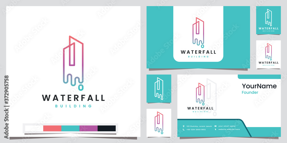 waterfall building concept with line art beautiful color logo design ...