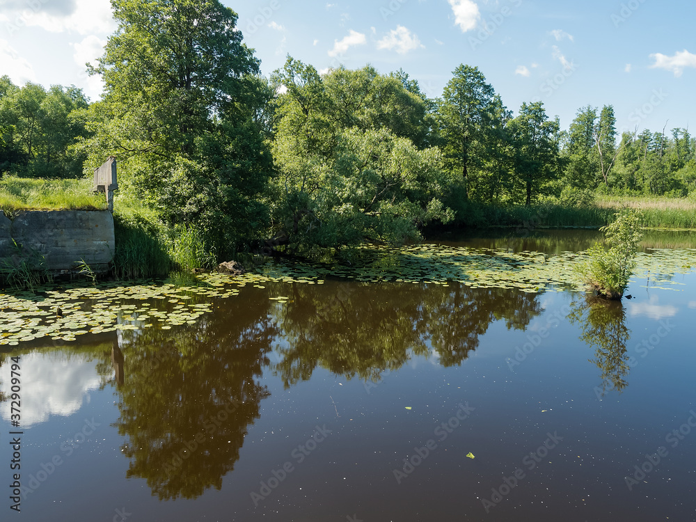 Old destroyed bridge over the river. The remains of a German bridge on ...