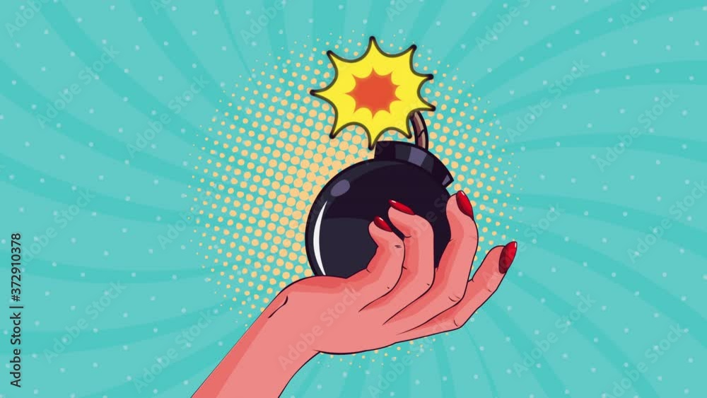 pop art style animation with hand lifting explosive bomb Stock 비디오 ...