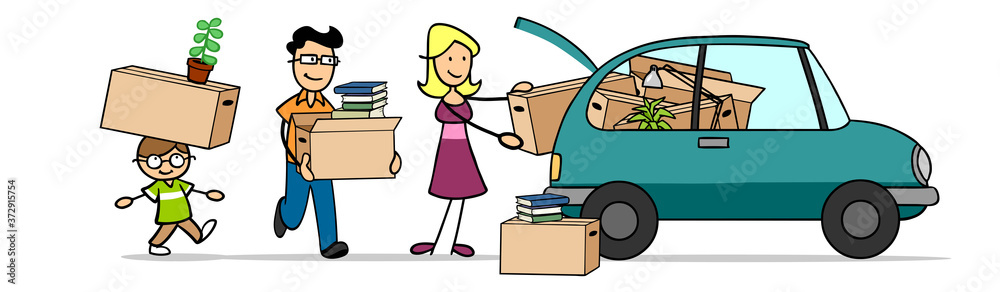 Familie bei Umzug trägt Umzugskartons in Auto Kofferraum Stock ...