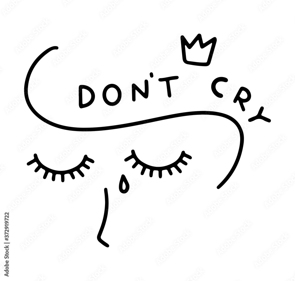 Sad girl with closed eyes and one tear - Line art. Black vector ...