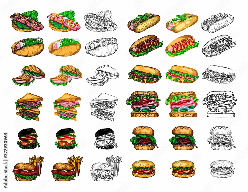 Raster illustration of fast food in the style of the sketch. Hamburgers ...