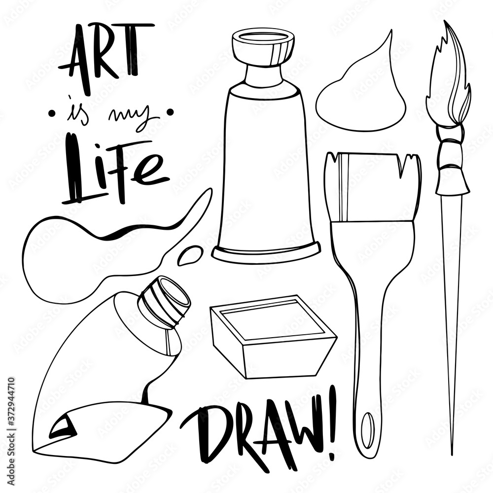 Cosmic cute set of artist brush, paint isolate on white for coloring ...