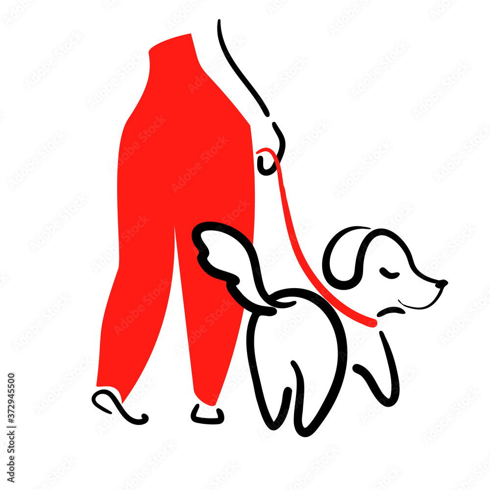 Walking dog line illustration for modern card. Sketch pet walks on ...