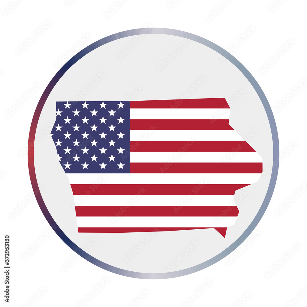 Iowa icon. Shape of the us state with Iowa flag. Round sign with flag ...