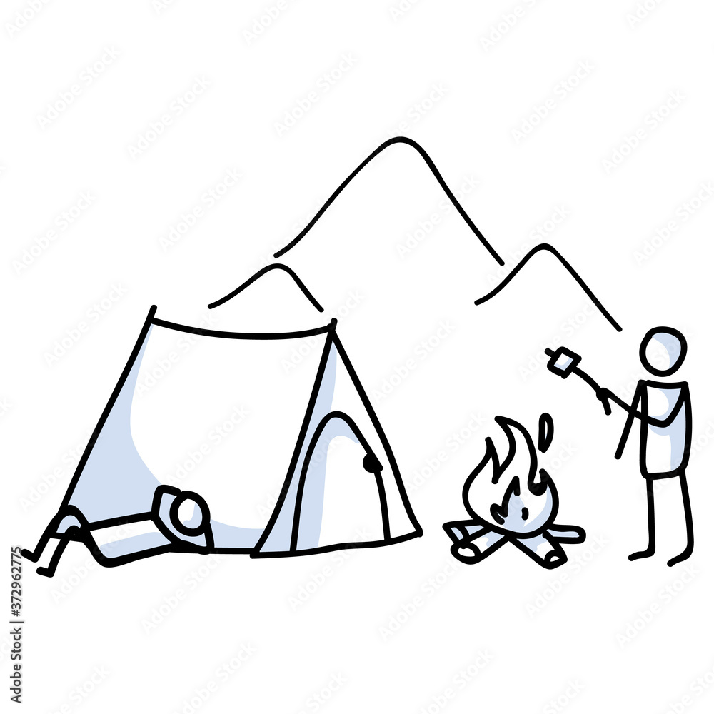 Hand drawn stickman camping tent and campfire concept. Simple outdoor ...